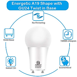 Energetic LED GU24 Base, A19 Shape, 60 Watt Equivalent (8.5W), 5000K Daylight, 800 Lumens, Non-Dimmable, 2 Pin LED Light Bulb, UL Listed, 4 Pack