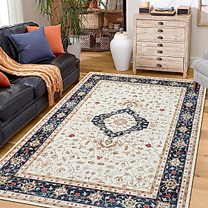 COZYLOOM 9x12 Large Living Room Area Rug Washable Rug Indoor Vintage Bedroom Rug with Rubber Backing Oriental Area Rug Throw Floor Carpet Floral Dining Room Large Carpet Home Office Rug, Gold
