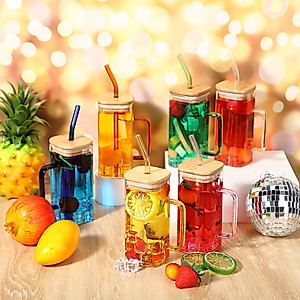 6 Pcs Glass Cup with Bamboo Lid and Straw 13.5 oz Beer Can Shaped Drinking Glasses Iced Coffee Cup with Handle Square Iced Coffee Tumbler Clear Tall Drinking Jars Wide Mouth Smoothie Jars, 6 Colors