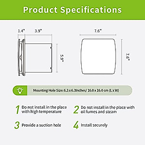 Bathroom Fan, Wall and Ceiling Mount Square Powerful 1.0 Sone 110 CFM 110 V 5.8” Duct Vent Exhaust Fan Household Ventilation Fan ABS Plastic White