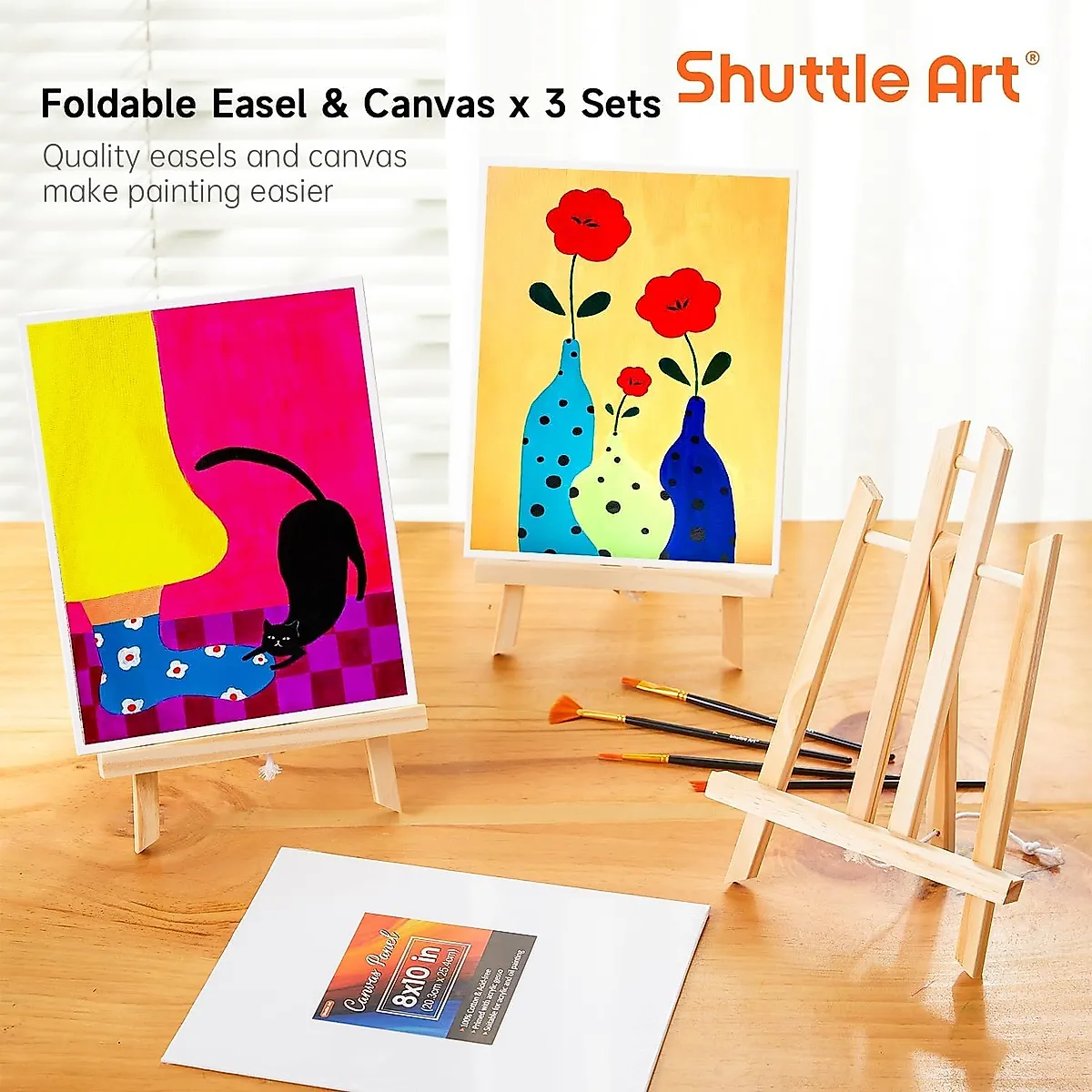 Shuttle Art 69 Pack Acrylic Paint Set, Acrylic Painting Set with 2 Pack of 15 Colors Acrylic Paint, 3 Sets of Wooden Easels, Canvas, Brushes & Palettes, Art Painting Supplies for Kids Adults Beginner