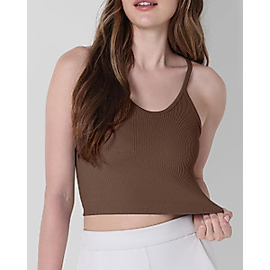 ASLABCREW Women's Crop 4 Piece Seamless Ribbed Camisole Strappy Cropped Tank Tops, Mushroom+Clay+Brunette+Wine, Medium/Large