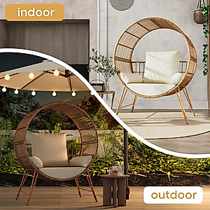 Yechen Egg Chair Outdoor, Oversized Wicker Patio Chairs with 350LBS Capacity, Rattan Porch Chair, 6.69'' Cushions for Living Room, Bedroom, Garden, Round Nest Chairs with Steel Stands Easy Assembly