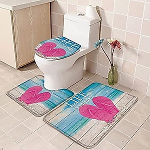 Apular Fashion 3 Piece Bath Rugs Set Pink Flip Flops on The Beach, Vintage Blue Farm Wooden Grain Non Slip Ultra Soft Bathroom Accessories Mats, U Shape Mat and Toilet Lid Cover Mat Bath Mats