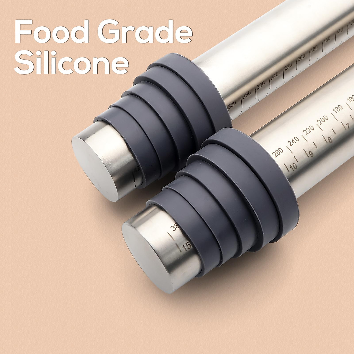 Adjustable Rolling Pin with Thickness Rings for Baking -Non Stick Stainless Steel Dough Roller Pin with Bands for Cookie,Wood,Wooden and Bread (Grey, 15.8 '')