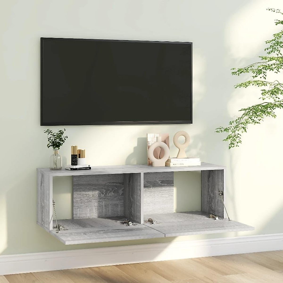 vidaXL Gray Sonoma Wall-Mounted TV Cabinet - Chic Floating Media Unit with 2 Compartments - Easy Clean Engineered Wood - Storage Solution for DVDs, Magazines and More - 39.4"x11.8"x11.8".