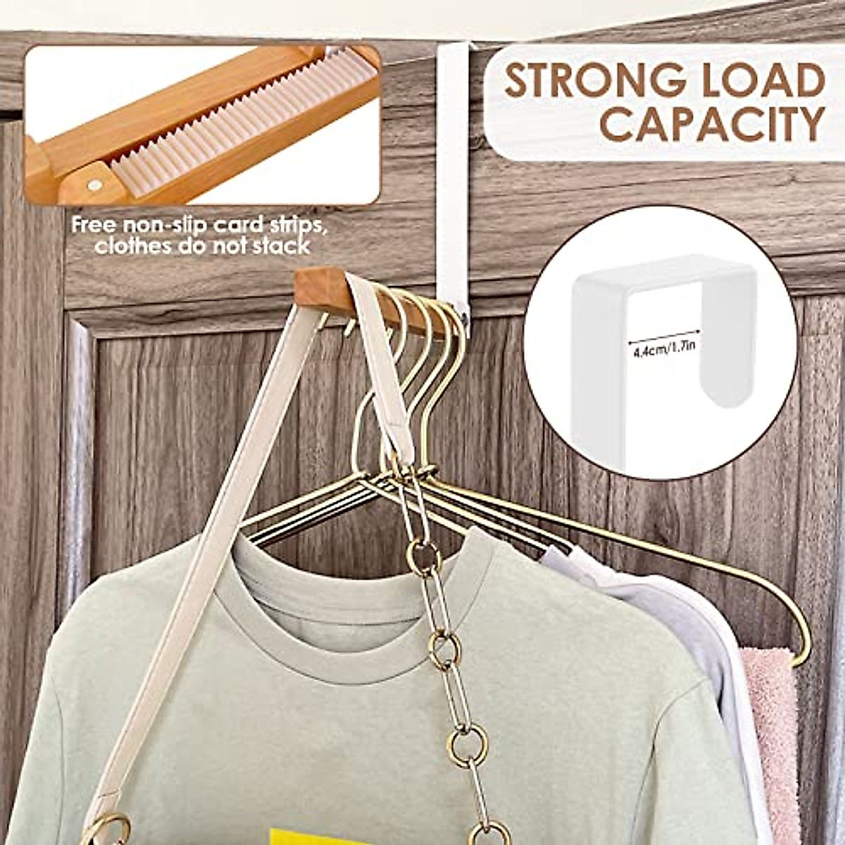 Over The Door Hooks, Foldable Sturdy Metal Wood Combined Door Laundry Hanger with Anti Slip Strip, Portable Door Back Mounted Non-Perforated Clothes Bag Robes Coats Storage Rack Wreath Hanger(2pcs)