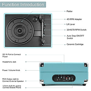 LP&No.1 Portable Suitcase Turntable with Stereo Speaker,3 Speeds Belt-Drive Vinyl Record Player,Classic Blue