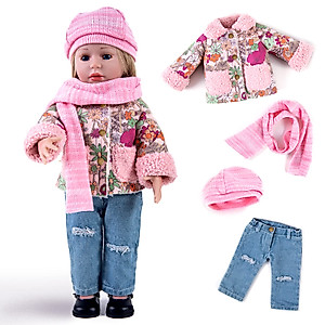 Rakki Dolli Doll Clothes 4 Piece Set Includes Pink Flower Snow Jacket, Knitted Wool Hat, Scarf and Hipster Jeans Fits for 18" American Girl Dolls (Doll and Shoes Not Included) 008