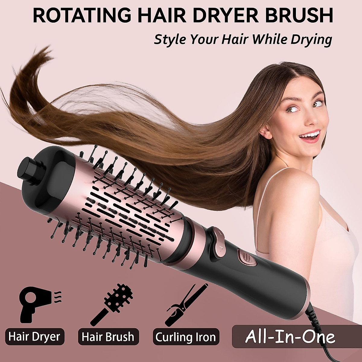 ANWA Hair Dryer Brush, 1000W 3-in-1 Rotating Blow Dryer with Detachable Brushes, Ceramic Coated Barrel for Salon-Quality Styling, Suitable for All Hair Types