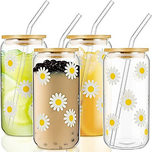 Hoolerry Daisy Flower Glass Cups with Lids and Straws 18 oz Iced Coffee Cup Drinking Glasses with Bamboo Lids Cute Flower Glass Coffee Tumbler Glasses for Home Office Kitchen (4 Pcs)