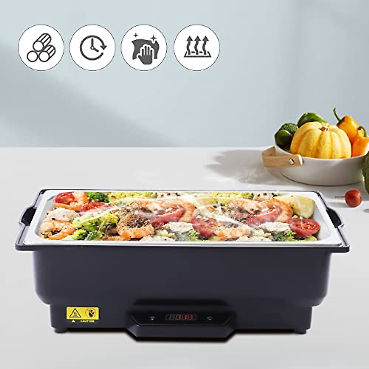 Fetcoi Electric Chafing Dish, Temperature Control, Chafer Cover Buffet Warmers Chaffing Server Set Chafer for Catering, Parties, Buffets, 9L/ 9QT Capacity
