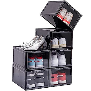 WANHUX Front Shoe Box, Set of 6, Stackable Plastic Shoe Box with Clear Door, as Shoe Box and Clear Shoe Box for Displaying Sneakers, Easy to Assemble, Fits US Size 12 (13.6x 10.6x 6.7 inches)
