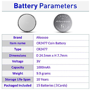 CR2477 3v Lithium Coin Batteries - 15 Pack CR 2477 Batteries for Ecobee Sensor Remote Smart Thermostat Room Temperature Hidrate Spark Water Bottle Govee SmartThings Motion Detectors Thermometer Sensor
