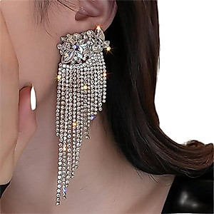 Octwine Long Tassel Full Bling Bling Fashion Crystal Rhinestone Drop Earrings Oversized Wedding Prom Party Long Rhinestone Earrings for Women