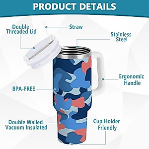GKCLOCK 40 oz Tumbler with Handle and Straws, Insulated Reusable Stainless Steel Travel Coffee Mug Water Bottle for Office & Outdoor, Cupholder Friendly (Blue Camouflage)