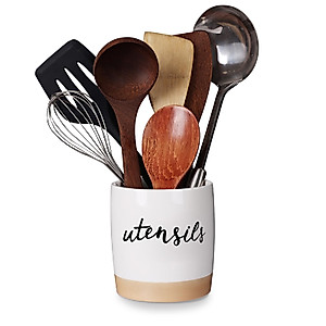 LEETOYI Ceramic Utensil Holder, Utensil Crock for Kitchen Counter, Countertop Utensil Storage Caddy Organizer, Farmhouse Kitchen Decor, Easy to Clean 33oz, White