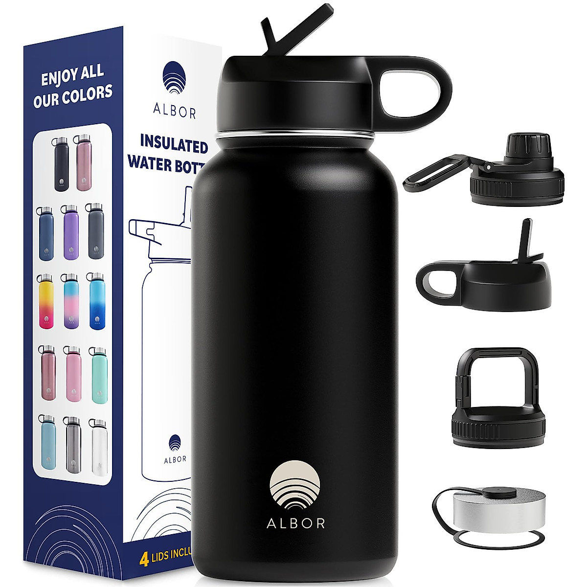 Albor 32 oz Insulated Water Bottle With Chug Lid and Straw, Plus Carry Lid for Travel, Leak Proof Stainless Steel Water Bottle for Gym and Travel (Black)