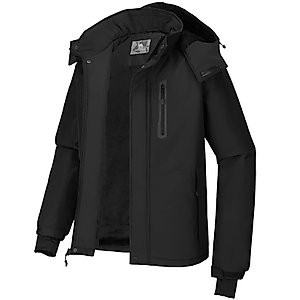 CAMEL CROWN Men's Mountain Snow Waterproof Ski Jacket Detachable Hood Windproof Fleece Parka Rain Jacket Winter Coat Black, X-Large