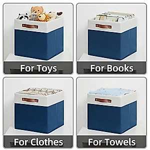 HNZIGE Fabric Storage Cubes Bins for Shelves,13x13 Storage Cubes, Set Of 4 Foldable Cubby Storage Bins for Organizing, Cloth Blue Storage Baskets for Cube Organizer Toy Nursery Shelves(Blue&White)