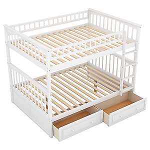 Merax Full-Over-Full Bunk Bed, Solid Wood Full Size Bunk Bed with Two Storage Drawers, Convertible Bunk Bed Can be Converted Into Two Full Size Daybeds (White)