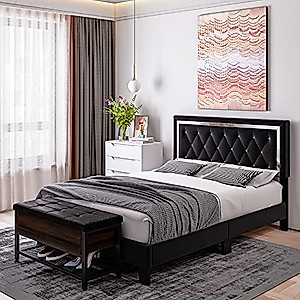 Queen Bed Frame, Diamond Tufted Upholstered Platform Bed Frame with Adjustable Headboard, Mattress Foundation with Wooden Slat Support, No Box Spring Needed, Easy Assembly (Queen, Black)