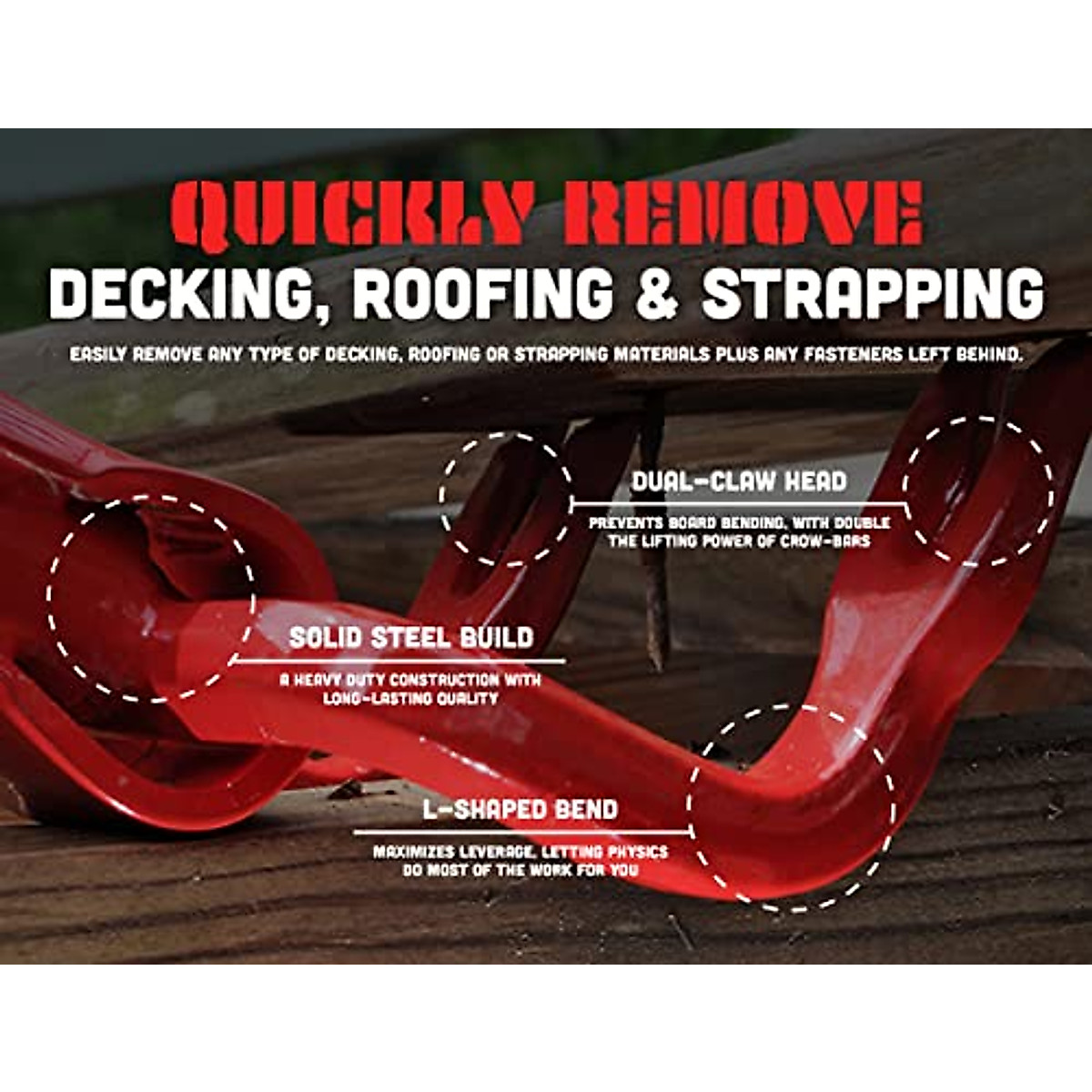 Deck Demon Wrecking Bar - 44 Inch Steel Deck Board Remover Tool - Save Time Removing Old Boards and Breaking Pallets - Heavy Duty, Non-Slip Handle with Dual Claw Head Nail Puller - Red, DD-201