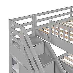 Modern L-Shaped Solid Wood Triple Bed, Twin over Full Bunk Bed with Storage Staircase and 3 Drawers, Loft Bed Frame with Ladder and Safety Guardrail for Aldults Teens Kids, Maximized Space (Grey)
