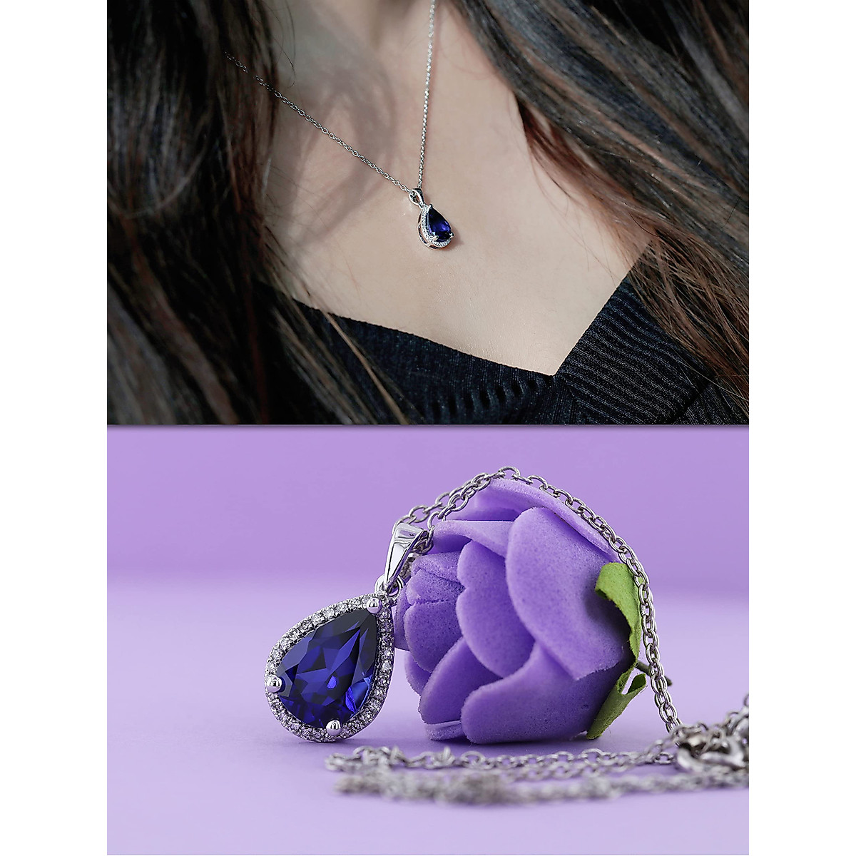 Dazzlingrock Collection 10X7 MM Pear Lab Created Blue sapphire & Round Diamond Ladies Teardrop Pendant, 18K White Gold