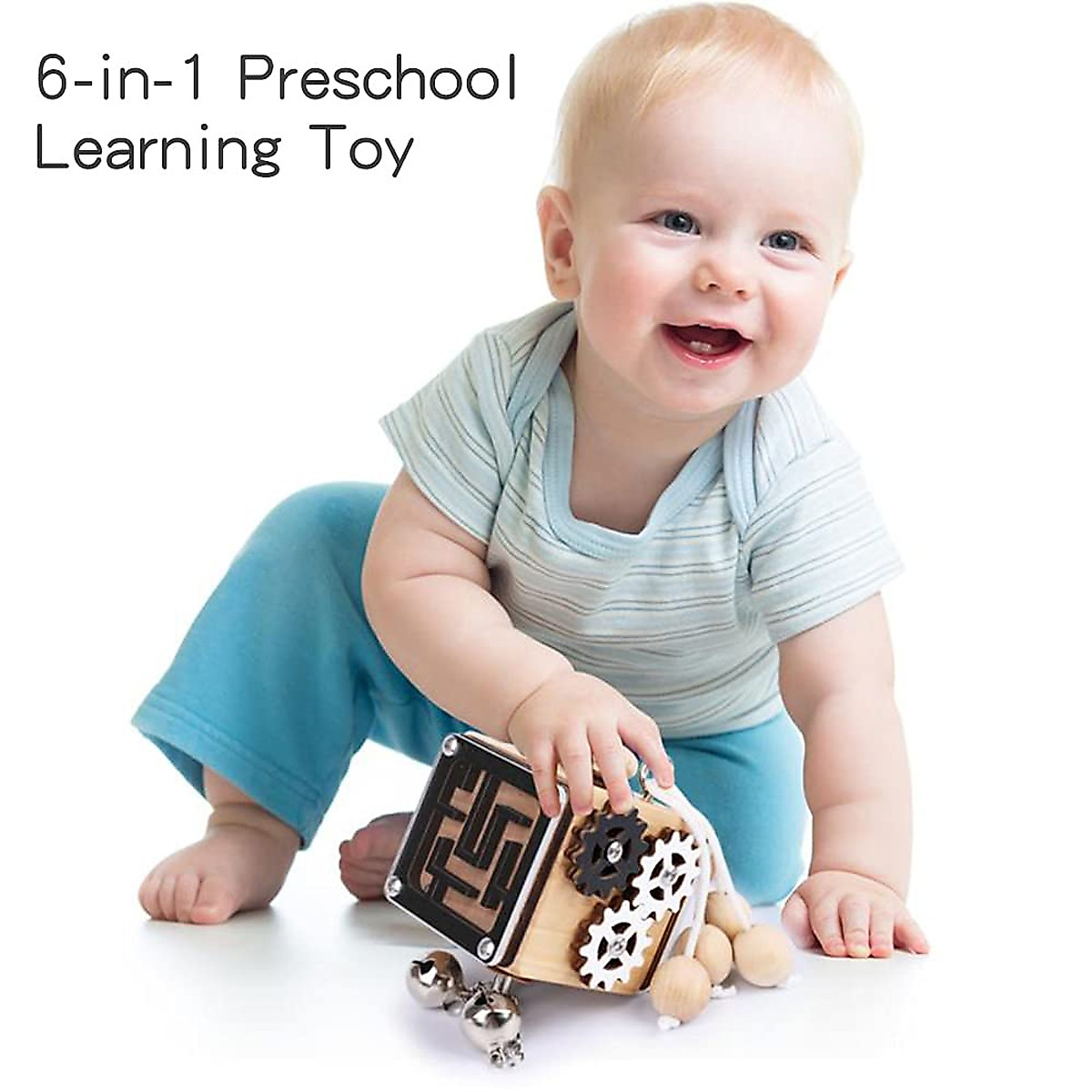 FIMIJORY Busy Cube for Toddlers 1-3 Year Old, Wooden Travel Toys for Toddlers, Busy Activity Board, Preschool Learning Toy, Lacing Beads Puzzles, 6in1 Learn to tie Shoes Toy Boys Girls