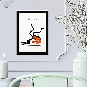 Wynwood Studio Basketball Sneakers Wall Art Street Style Home Décor Framed Poster Print Painting 'Sneaker Head Drawing' in Black, Red Swoosh Jordans