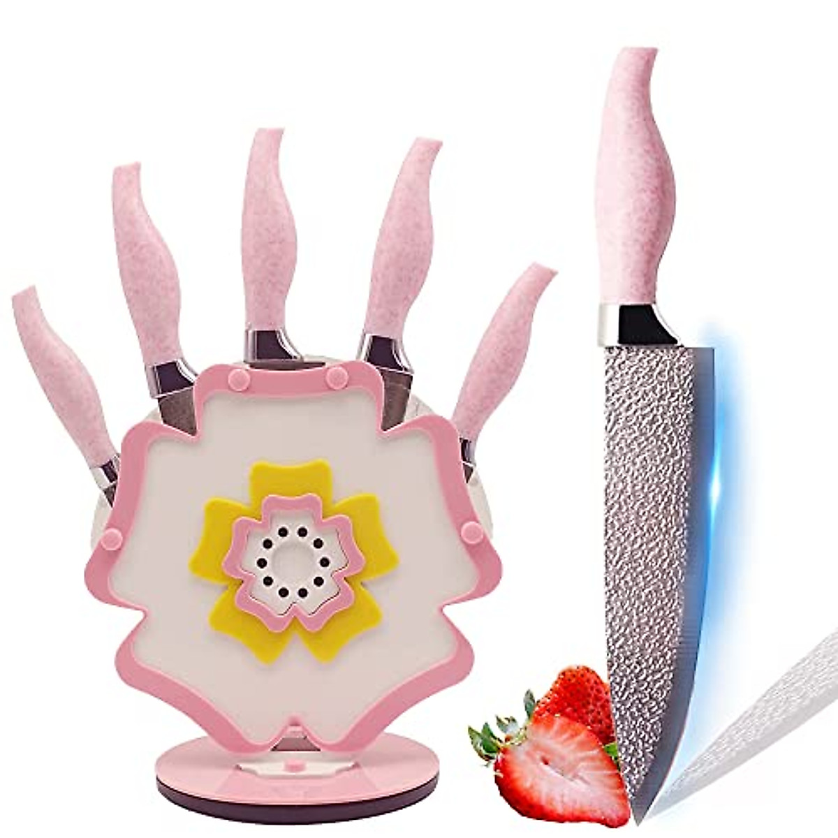 Kitchen Knives Set,7 Pcs Knife Block Set with Heart Acrylic Knives Holder Block,Non-stick Stainless Steel Cooking Knives Sets for Chef Cooking Cutting (Pink02)