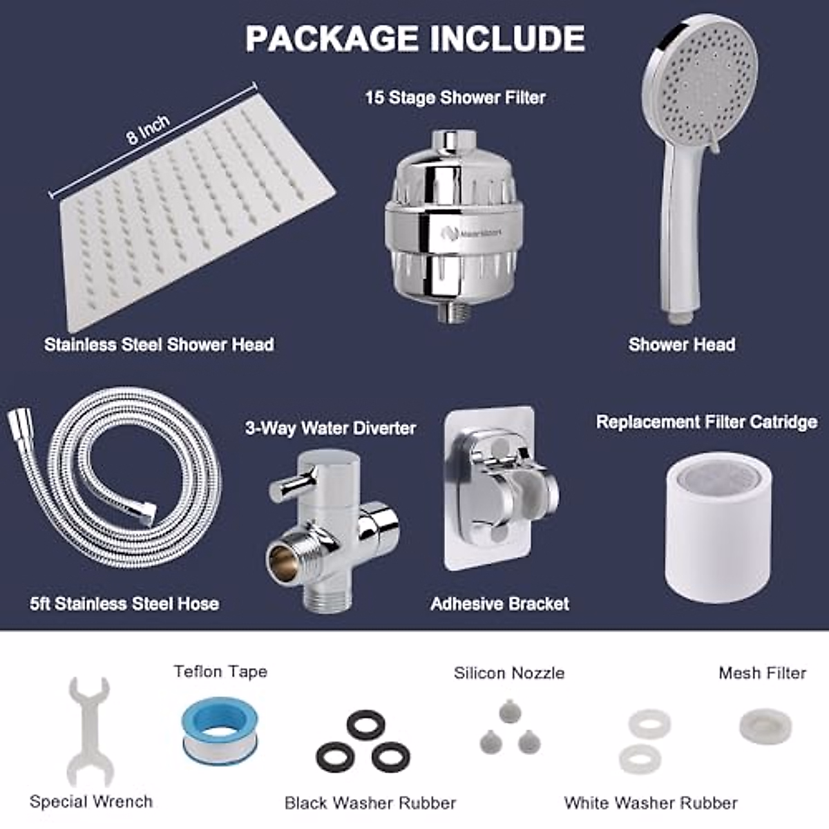 NearMoon Filtered Shower Head, High Pressure 8″Square, 5 settings Handheld Rain Shower Filter Combo with Self-adhesive Holder/1.5M Hose -1 Replaceable Filter Cartridge (Chrome Finish)