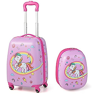 HONEY JOY Kids Luggage, 12" Toddler Backpack & 16" Travel Suitcase with Wheels, Lightweight Toddler Girls Suitcase, Durable ABS Hardshell, 2Pcs Carry On Luggage Set for Boys Girls(Pink Horse)