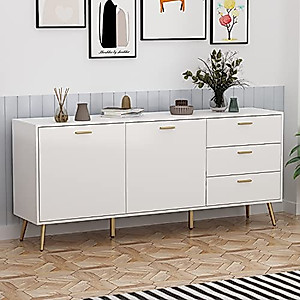 Homsee Sideboard Cabinet with 3 Drawers & 2 Doors, Modern Kitchen Buffet Storage Console Cabinet with Metal Legs for Living Room, Dining Room & Entryway, White (69”L x 15.6”W x 30”H)