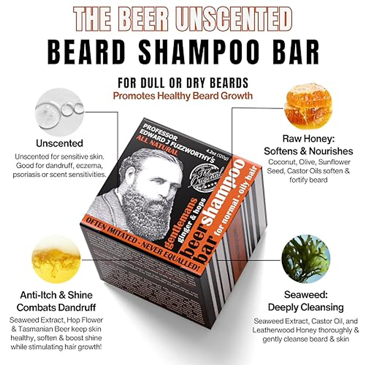 Professor Fuzzworthy's Gentlemans Beer Shampoo Bar for Men | Normal, Dry, Oily Hair | Unscented with All Natural Conditioning Oils From Tasmania Australia