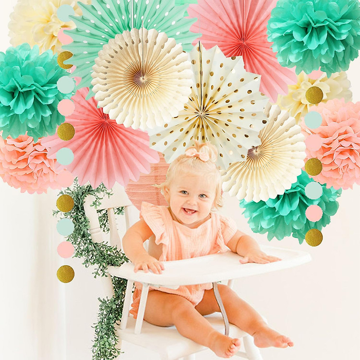 Mint Green Cream Pink Party Decoration Mint Peach Birthday Tissue Paper Pom Poms Paper Fans Circle Dot Garlands for Grils Mint Birthday Party Baby Shower Bridal Shower Wedding Party Decorations