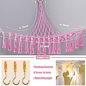 Stuffed Animal Net or Hammock with LED Light,(Large Size) Boho Handmade Cute Stuffed Animals Storage with Hooks for Hanging,Toy Storage Organizer for Kids Bedroom (Pink)