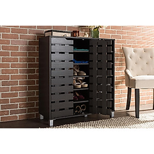 Baxton Studio Shirley Modern & Contemporary Wood 2-Door Shoe Cabinet with Open Shelves, Dark Brown