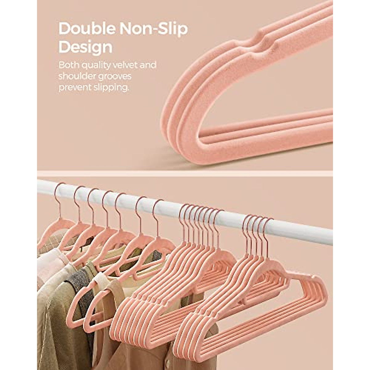 SONGMICS Velvet Hangers Bundle, Set of 50 with Set of 50, Clothes Hanger with Rose Gold Swivel Hook, Non-Slip, and Space-Saving, 0.2-Inch Thick, Pale Green and Light Pink, UCRF021GR50 and UCRF21PK50