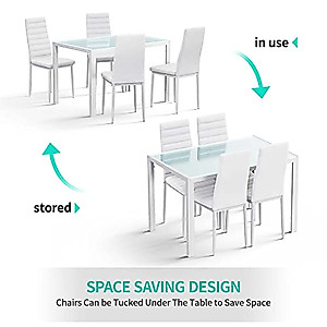 Gizoon 5 Piece Glass Dining Table Set, Kitchen Table and Chairs for 4, PU Leather Modern Dining Room Sets for Home, Kitchen, Dining Room (White)