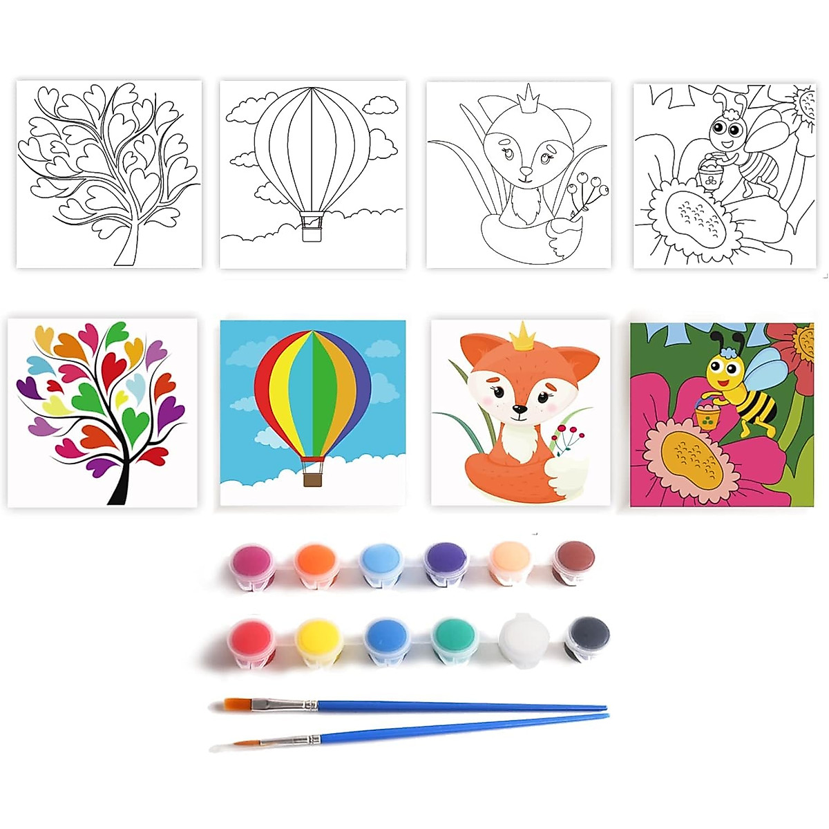 Aosemili Acrylic Paint Set for Kids - 4 Pre-Stenciled Painting Canvas Panels 8 x 8 inches with 12 Paints 2 Brushes for Girls Boys and Beginners