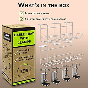 Under Desk Cable Management Tray with Clamps, No Drill Under Desk Cord Management, Desk Cable Organizer, Cable Management Under Desk - Set of 2 with Clamps