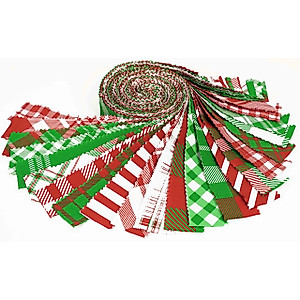 Soimoi 40Pcs Christmas Checks Print Precut Fabrics Strips Roll Up 1.5x42inches Cotton Jelly Rolls for Quilting - Red & Green