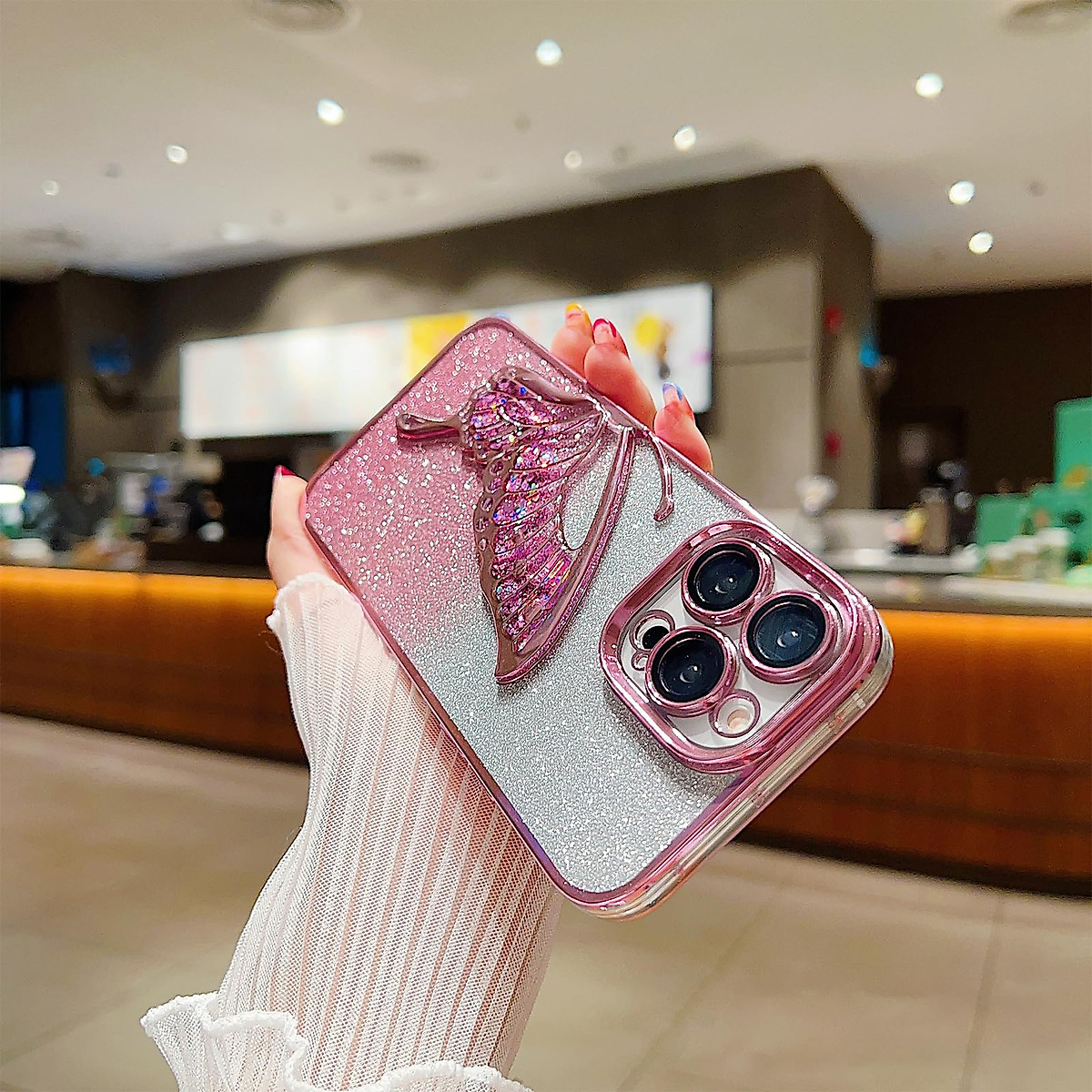 Ownest Compatible for iPhone 13 Case/iPhone 14 Case with Luxury Glitter Cute Butterfly Plating Design Aesthetic Women Teen Girls Phone Cases Camera Protection Shockproof Cover-Pink