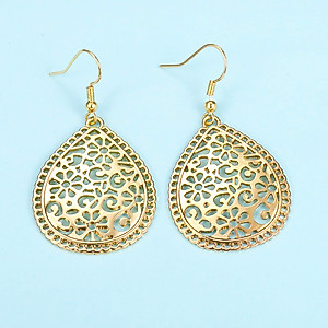 BIRSTONE Handmade Teardrop Earrings with Brushed Finished Dangle Earrings (Hollow Gold)