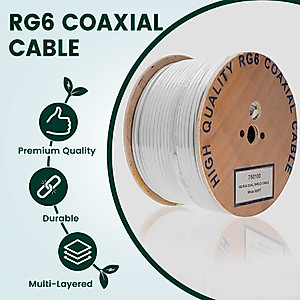 Cables Direct Online RG6 Coaxial Cable Dual Shield Bulk, 18 Gauge Copper Clad Steel (CCS) Conductor, Aluminum Braid, PVC Jacket, Reel Box, 1000ft, White