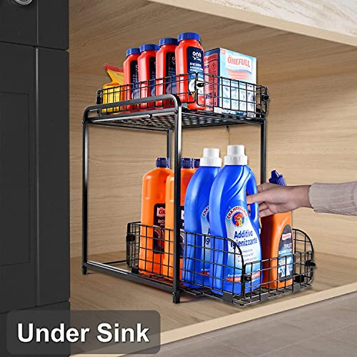 2-Pack Under Sink Organizer, Sliding Cabinet Wire Basket Organizer, Higher 2 Tier Under Bathroom Storage Drawer Multi-purpose Storage Shelf for Bathroom Kitchen Pantry