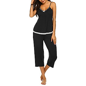 Ekouaer Women Sleepwear Sleeveless Cami Tops and Capris Pants Sexy V Neck Pjs Set Black XL