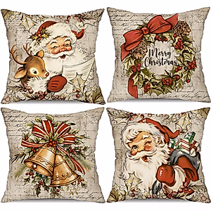DFXSZ Christmas Pillow Covers 18x18 inch Set of 4 Santa Claus Reindeer Decorative vintage Throw Pillow Covers Winter retro Farmhouse Decoration for Home couch BTHZ-140B18